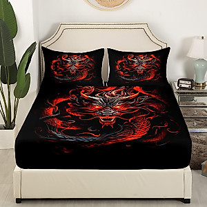 Red Black Dragon Fitted Sheet Queen Size,Glowing Flame Dragon Bedding Set 3Pcs for Kids Boys Men Adult Bedroom Decor,Wild Animals Bed Sheet Cool Magical Style Deep Pocket Sheet,2 Pillowcases