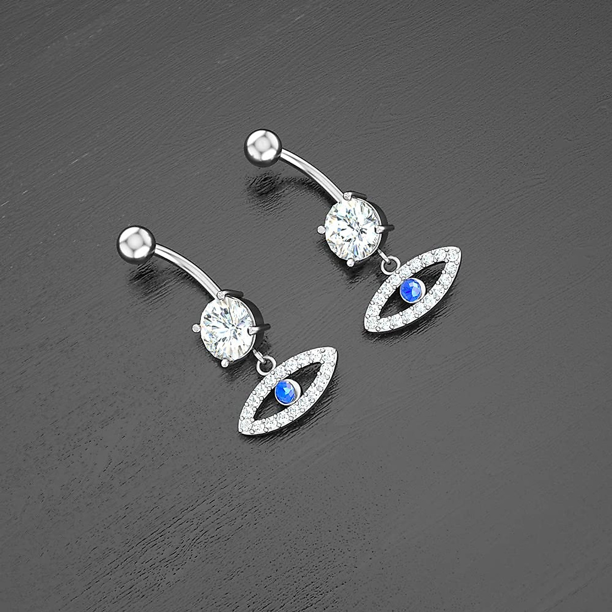 Evil Eye Belly Button Rings Surgical Steel Sexy Moon Dangle Zircon Stainless Steel Cute Dainty Boho Crescent Moon Demon Eye Belly Dangle Button Ring Set Hypoallergenic Body Piercing Jewelry (Silver)