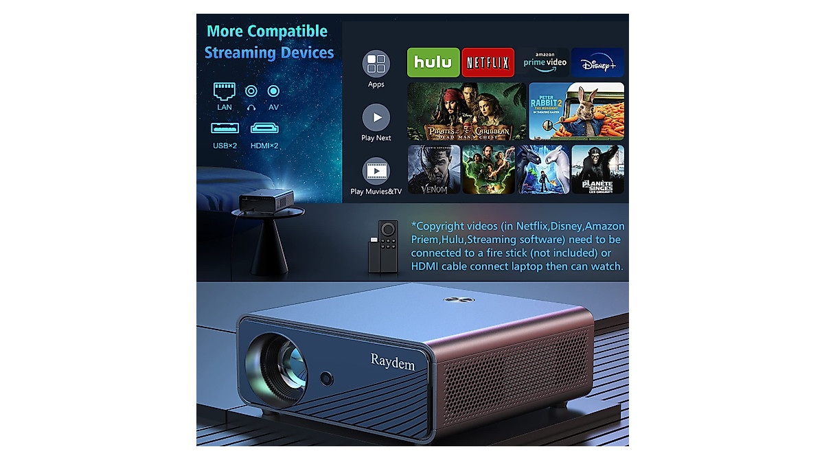 Raydem Portable Projector with 5GHz Wi-Fi & Bluetooth | 1080P, 350 ANSI