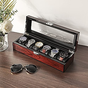 IBUYKE Watch Box with Removable Watch Pillow 6 Slots Solid Wood Watch Display Case for Mens Jewelry Organizer with Large Glass Lid JWB006H
