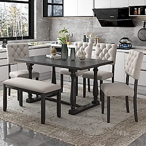 Merax Dining Table Set for 6, Wooden Rectangular Dining Table with Strong Legs and 4 Foam-Covered Seat Backs&Cushions Chairs & A Bench for Kitchen, Dining Room Furniture (Mediterranean Grey)