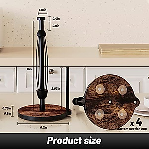 VEHHE Paper Towel Holder Stand, Wood Farmhouse Paper Towel Holder Countertop with Ratchet System and Suction Cups, Stainless Steel Perfect Tear Paper Towel Roll Holders with Wooden Base- Black