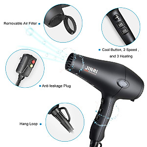 Hair Dryer, 1875W Blow Dryer, Ionic Hair Dryers with Diffuser and Concentrator Attachment, Fast Dry Light Weight Low Noise Hairdryer