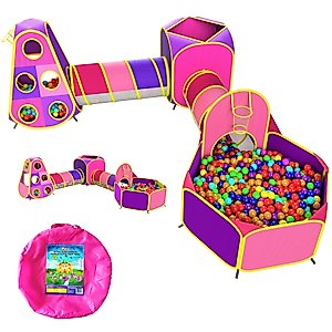 Playz 5pc Kids Princess Play Tent, Ball Pit with Basketball Hoop & Kids Play Tunnel for Toddlers, Babies, Kids, Girls & Boys Indoor & Outdoor Pop Up Playhouse Bundle with Bag, Yellow, Pink & Purple