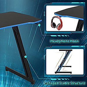 Dkelincs 47 inch Gaming Desk Z-Shaped Computer Desk PC Computer Table Home Office Desk Ergonomic Gamer Workstation with Headphone Hook, Blue