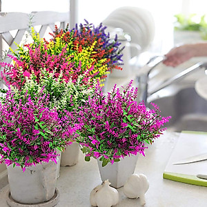 Grunyia 10 Bundles Artificial Lavender Flowers Outdoor Fake Plants Faux Plastic UV Resistant Flowers for Home Garden Porch Window Box and Cemetary Grave Decorations (10, Purple)