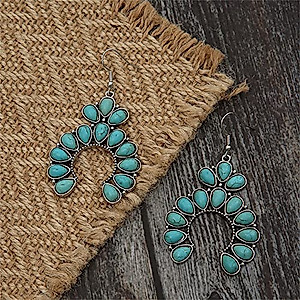 Bohemian Vintage Turquoise Oval Flower Ethnic Drop Dangle Earrings for Women Boho Exaggerated Retro Geometric Turquoise Teardrop Earrings Cowgirl Cowboy Jewelry Gift (D)