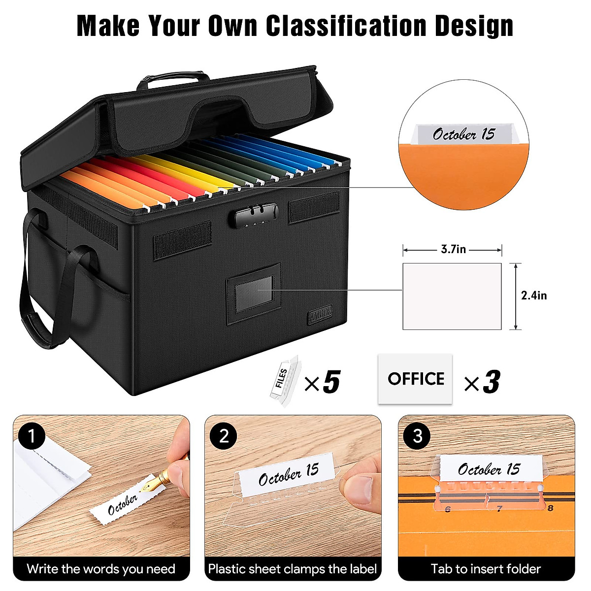 AMBOR File Box with Lock, Fireproof Document Box with 5 Tabs, Collapsible File Organizer with Handle for Letter & Legal Size Folder/Certifications/Books/Toys Storage, Black