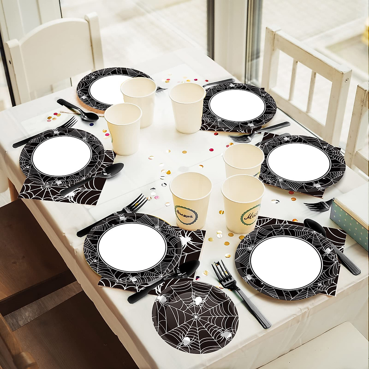 96 Pcs Halloween Party Paper Plates Napkins Supplies Set Spider Web Disposable Tableware Decorations Get Together Celebration Halloween Birthday Party Favors for 24 Guests