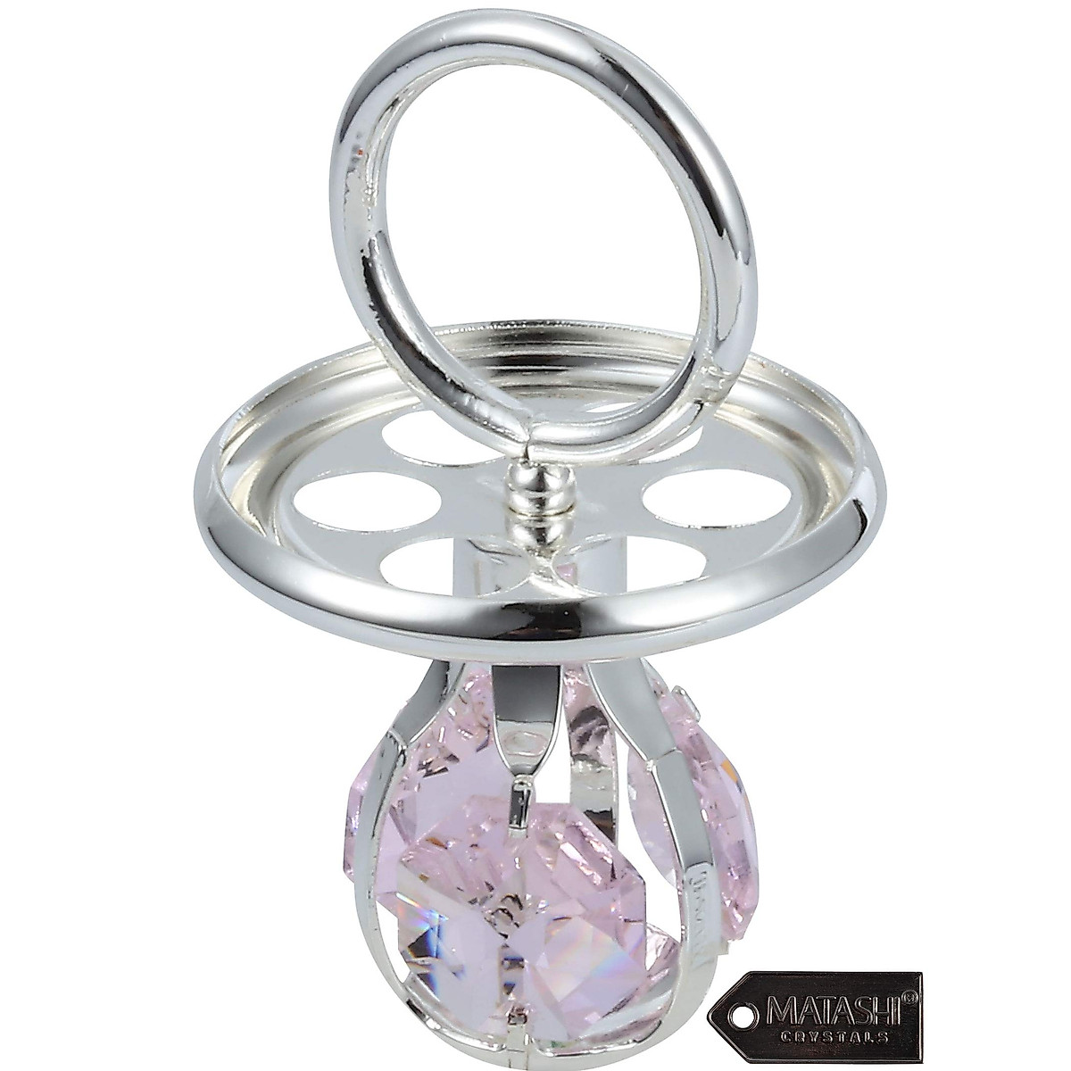 Matahi Silver Plated Crystal Studded Pacifier Ornament with Light Pink Crystals Baby's First Christmas Holiday Ornament and Hanging Pendant - Great Gift for Baby Shower, New Born Baby Gift