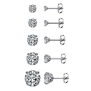 Top Plaza Silver Stainless Steel Stud Earrings for Women Men Round Cubic Zirconia Hypoallergenic CZ Stud Earring Set 3mm-8mm