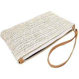 ZLM BAG US Natural Straw Boho Purse Zipper Wristlet Wallet Handwoven Beach Clutch Bag Off White