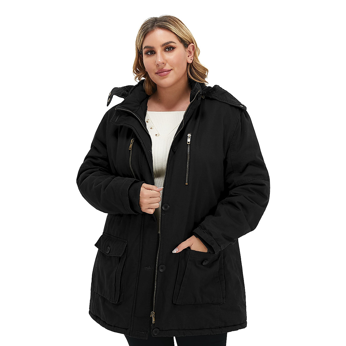 Soularge Women's Winter Plus Size Padded Fleece Parka Coat with Hood (Black, 2X)