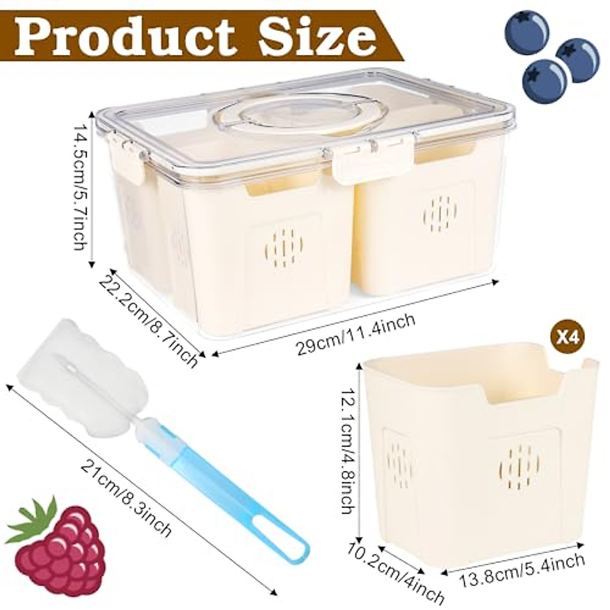 PYQTH Fruit Storage Containers for Fridge, Portable Divided Food Storage Containers with Lid and Handle, BPA-Free Saver Refrigerator Food Organizer Bins with 1 Brush for Veggies Fruit, 4 Compartments