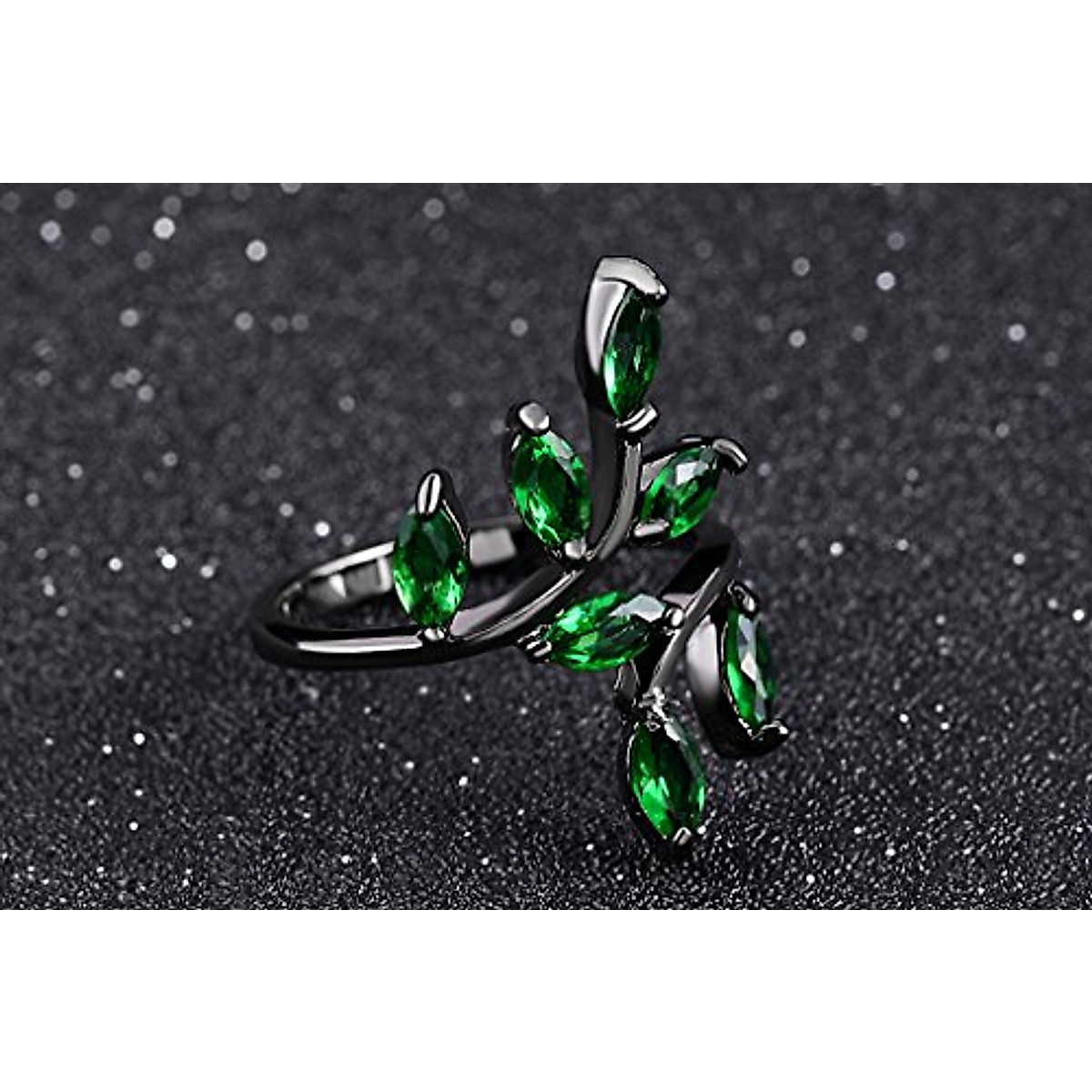 Huanhuan Jewelry Black Gold Plated Ring Marquise Cut Seven Green Cubic Zirconia Adjustable Leaf Design For Womens Girls Bridal Wedding Band Ring Unique Anniversary Gift Size 10