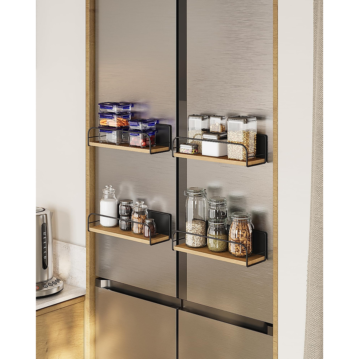 OROPY Magnetic Spice Racks for Refrigerator, Set of 4 Metal Kitchen Spice Organizer Shelf，Strong Magnetic Fridge Wood Holder