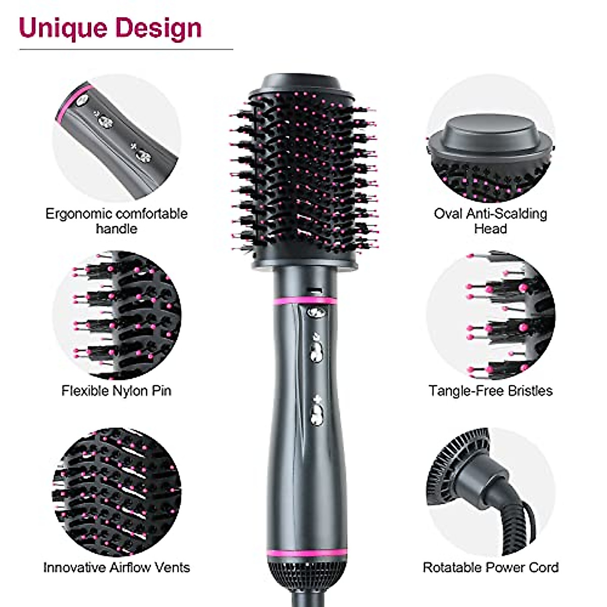 Hair Dryer Brush, 4 in 1 Detachable Blow Dryer & Volumizer Styler Hot Air Brush Hair Dryer Brush Blow Dryer Brush in One for Hair Drying Volumizing Straightening Curling Styling