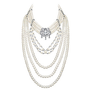 EVER FAITH Crystal Multi-Strand Layered Ivory Color Simulated Pearl Vintage Style Bib Collar Statement Necklace