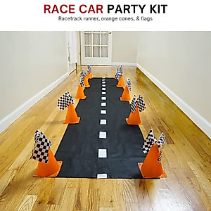 38 Pcs Set - 12 Traffic Cones With Hole on Top, 24 Checkered Flags, Racetrack Floor Runner - for For Race Car Birthday Party Supplies, Table Centerpiece Decorations for Kids by 4E's Novelty