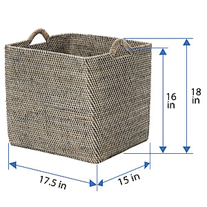 Loma Rectangular Rattan Storage Basket with Handles - Large - Black-Wash - Coastal-Inspired Handwoven Rattan Basket for Home Organization & Décor