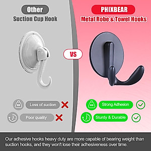 PHIXBEAR 4 Pcs Metal Black Adhesive Towel Hooks with 6 Pcs Waterproof Adhesive Tape Made of 3M VHB - Shower Wall Hooks Heavy Duty Sticky Double Hooks for Bathroom Kitchen Livingroom