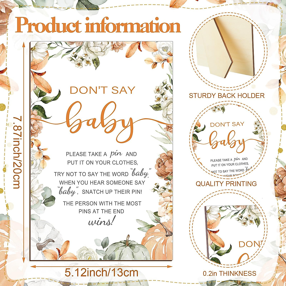 Patelai 321 Pcs Baby Shower Games Supplies, 5 Sets (50 Cards Each) Activities Cards with 20 Pencils 1 Don't Say Baby Sign 50 Clothespin(Little Pumpkin)