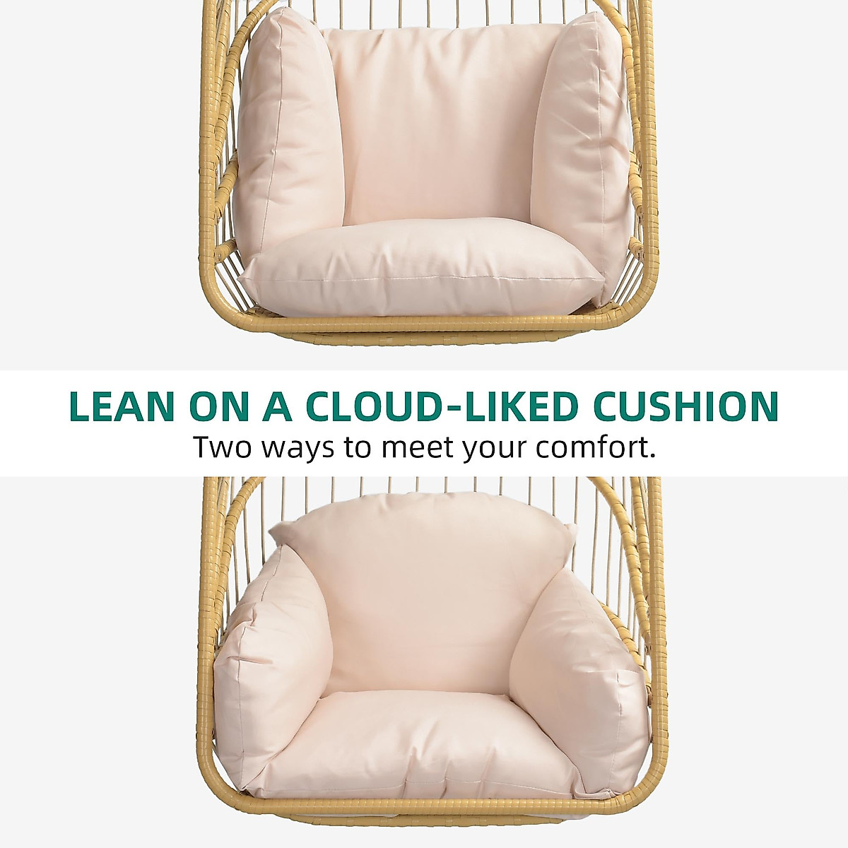 YITAHOME Swing Egg Chair with Cushions 350lbs, Wicker Hammock Chair Foldable Hanging Basket Chair W/O Stand for Outdoor, Indoor, Patio, Bedroom - Beige