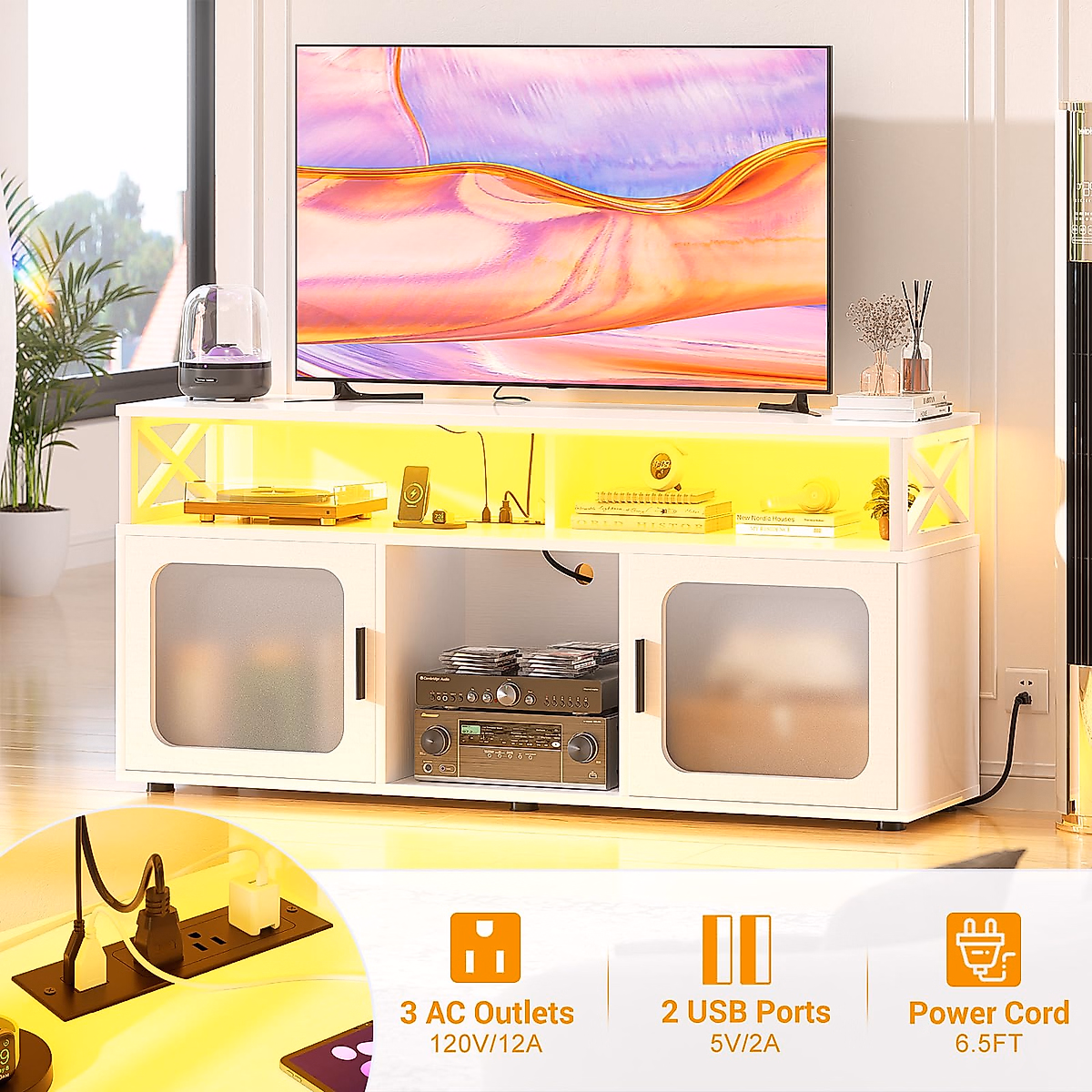 Aheaplus TV Stand for 55 60 Inch TV, Entertainment Center with LED Light & Charging Station, TV Console Table, Large Media Console Cabinet w/Soundbar Shelf, Cord Holes, for Living Room, Bedroom, White