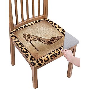 Stretch Chair Seat Cover-Set of 4, Sexy Leopard High Heel Shoe Kitchen Chair Slipcovers Washable Removable Cushion Protector for Dining Room Party Decor-Retro Wildlife Animal Skin