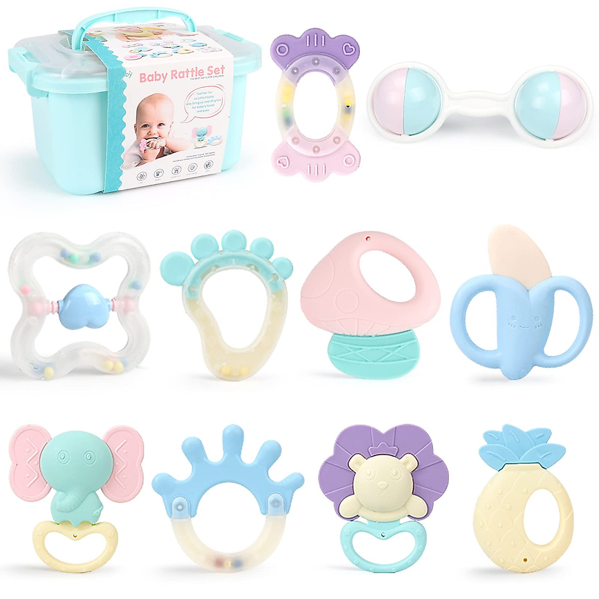 DOUBFIVSY Baby Rattle Teething Toys for Babies 0-6-12 Months, 10PCS Grab Spin Rattle Shaker Early Educational Toys with Storage Box, Soothing Teether, Baby Toys 6 to 12 Months Infant Newborn Baby Gift