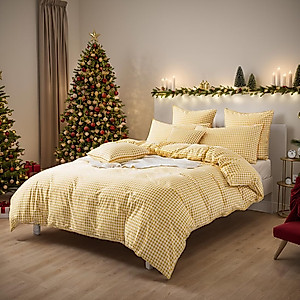 FADFAY Yellow Plaid Duvet Cover Set Twin XL 100% Cotton Soft Grid Bedding Reversible Gingham Checker Bedding with Zipper Closure 3Pcs, 1Duvet Cover & 2Pillowcases,Twin Extra Long Size for Dorm Room