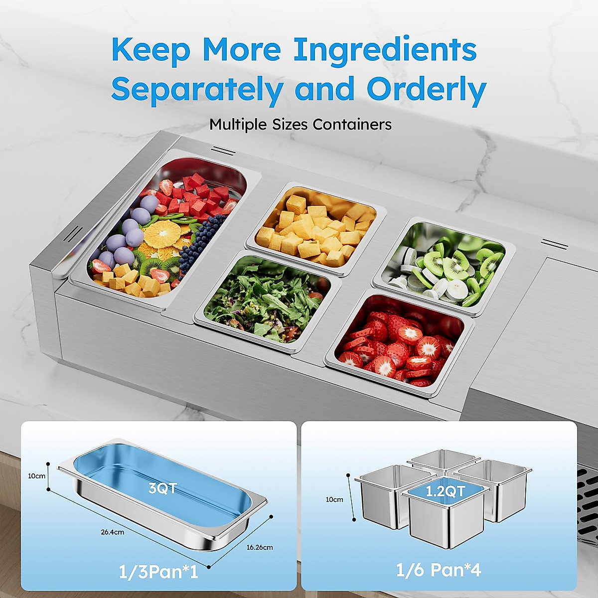 Mojgar Refrigerated Condiment Prep Station, 40 Inch Salad Bar Prep 304 Stainless Body, Sandwich Prep Table with 1 1/3 Pan & 4 1/6 Pans Tempered Glass Shield Auto Defrost
