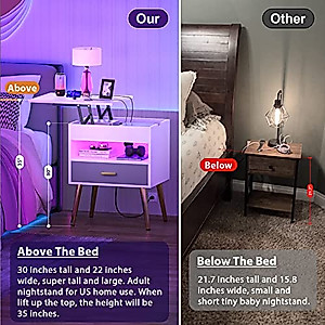 Cyclysio 35 Inches Nightstand with Reversible Lift Top, Large Night Stand with LED Lights, Tall Bedside Table with Charging Station, High End Side Table for Bedroom, Sofa Side, Living Room, White