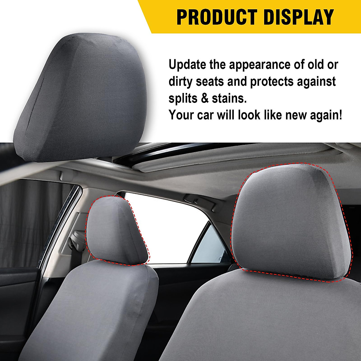 Jawmoy 2 PCS Car Seat Cushion Headrest Cover, Stretch Fabric Soft Breathable Full-Surround Dust Cover, Telescopic Opening Seat Headrest Protector, Universal Accessories for Most Cars (Dark Gray)