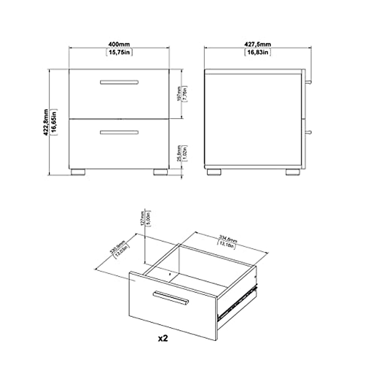 Tvilum 2 Drawer Bedroom Nightstand Nighstand, 15.75 in x 15.85 in x 16.65 in, Black