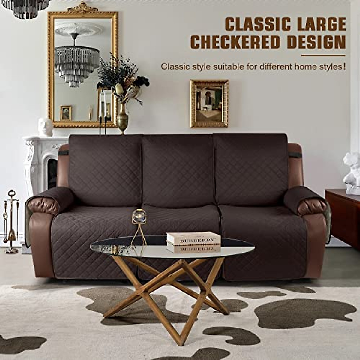 KinCam Waterproof Recliner Sofa Cover, Non-Slip Reclining Couch Covers for 3 Seat, Recliner Couch Cover Furniture Protector with Elastic Straps for Pets, Kids, Dark Chocolate