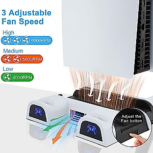 PS5 Stand and Cooling Station,Dual PS5 Controller Charger for PS5 Console,Remote Control 10 Game Solts 3-Level Cooling Fan Compatible with Platstation 5 Disc & Digital Editions