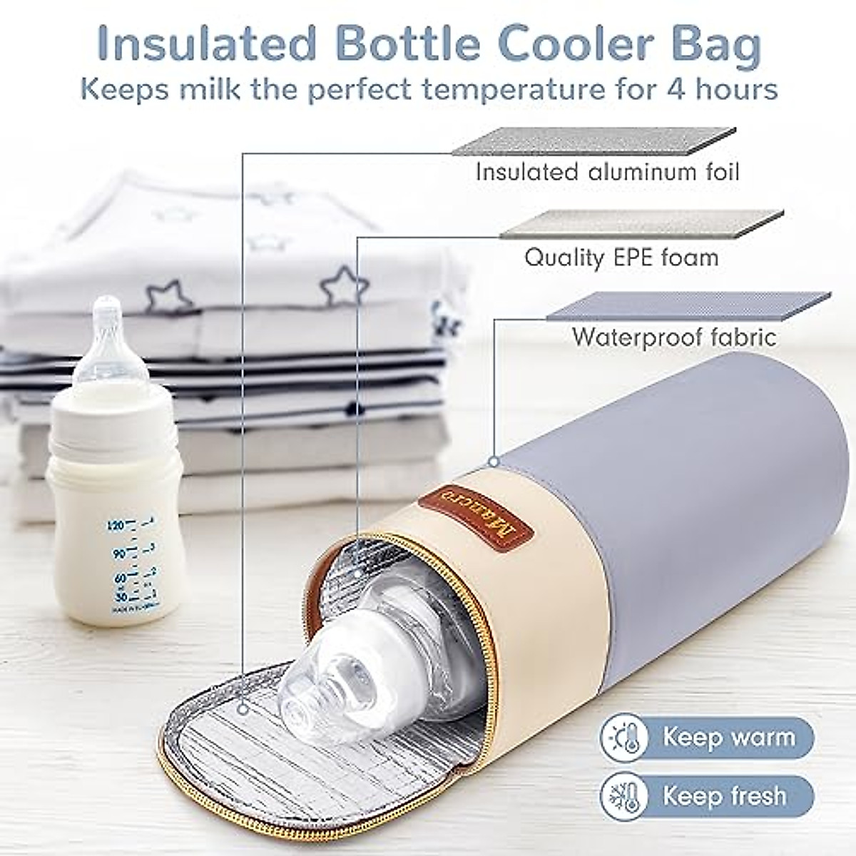 Mancro 2pack Insulated Baby Bottle Bags, Fits Baby Bottles up to 12 Oz Breastmilk Cooler Bag with Button Handle, Portable Baby Bottle Cooler Bag for Nursing Mom Daycare, Beige