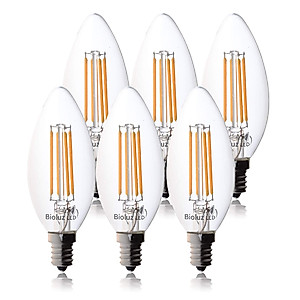 Bioluz LED 92 CRI E12 LED Candelabra Bulbs 60 Watt (5.5W) Warm White 2700K Clear LED Filamament Candle Bulb Dimmable UL Listed Title 20 6-Pack