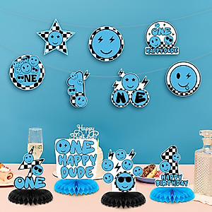 Memorywuu 12 Pcs One Happy Dude Honeycomb Centerpiece Blue One Happy Dude 1st Birthday Party Decoration Birthday Centerpiece Table Decorations Smile Face Table Topper for Baby Shower Birthday Party