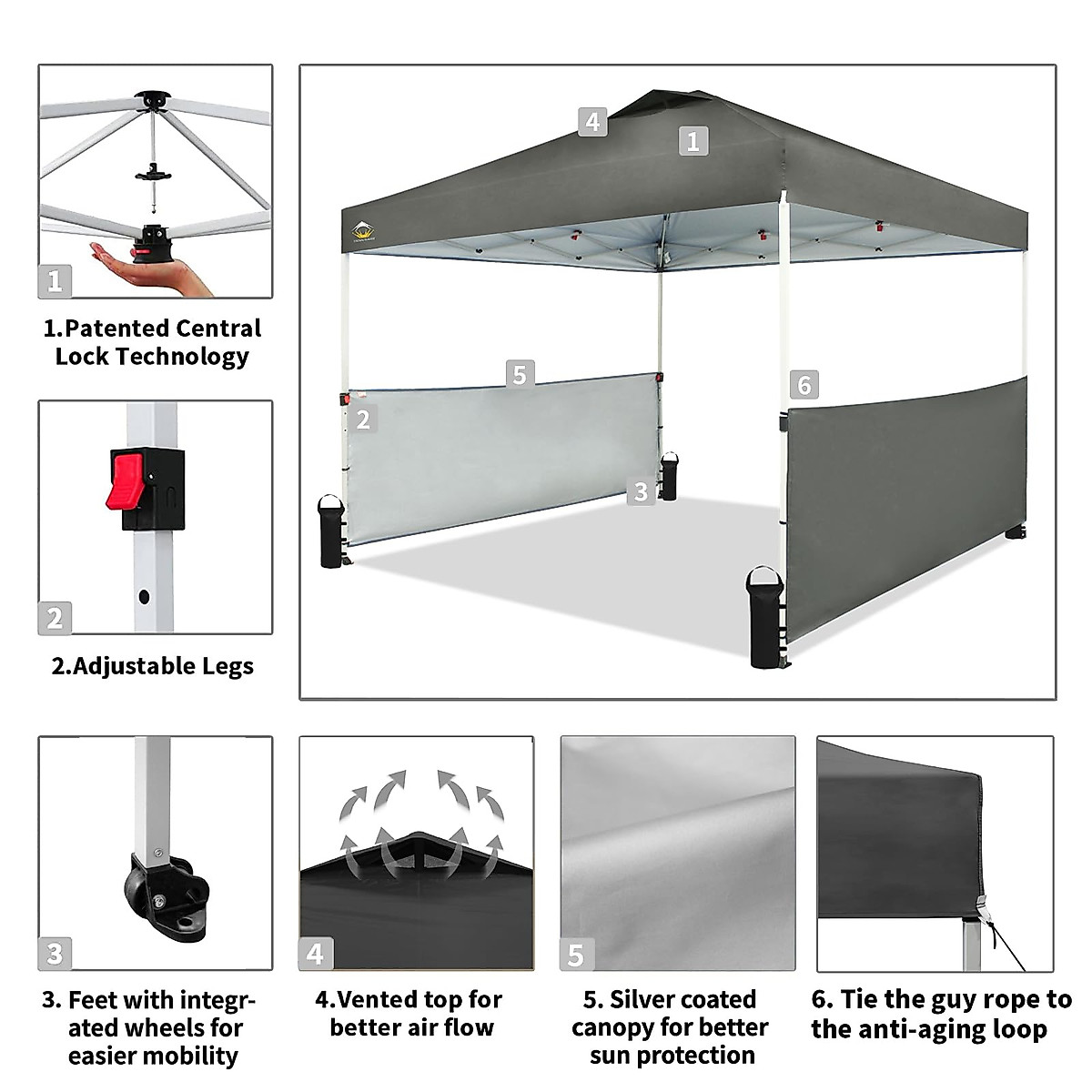 CROWN SHADES 10x10 Pop up Canopy Tent Instant Canopy with 150D Silver Coated Fabric Including 2 Half Sidewalls, 4 Ropes, 8 Stakes, 4 Weight Bags, STO 'N Go Bag, Grey