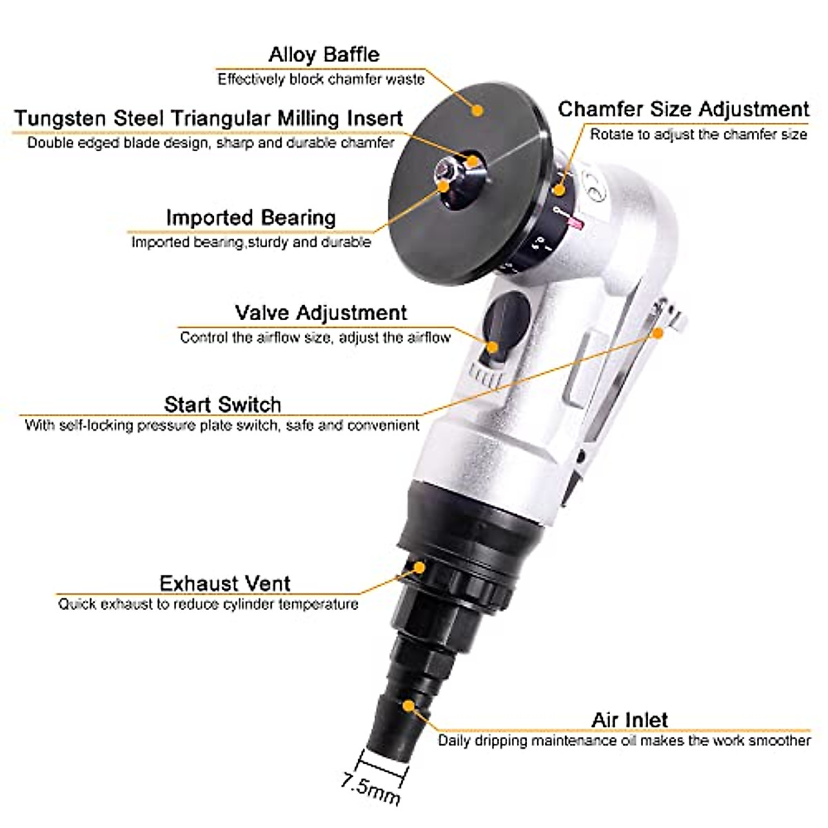 AUGUSTTOOLS Mini Pneumatic Chamfering Machine, Portable Handheld 45 Degree Arc Air Chamfer Tool for Metal Trimming and Deburring