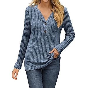 GDJGTA Women's Long Sleeve T Shirt Fashion V Neck Tops Solid Color Casual Blouses,Light Blue,Large