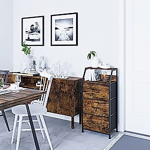 USJRAO Wood Veneer Fabric Dresser with 3 Drawers and Shelves Chests of Drawers Organizers Uint Storage Tower Side Table for Closet Bedroom Living Room Kitchen Entryway Steel & Rustic Brown