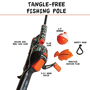 Kid Casters Black/Orange Camo No Tangle Fishing Combo with Bobber, Practice Casting Plug