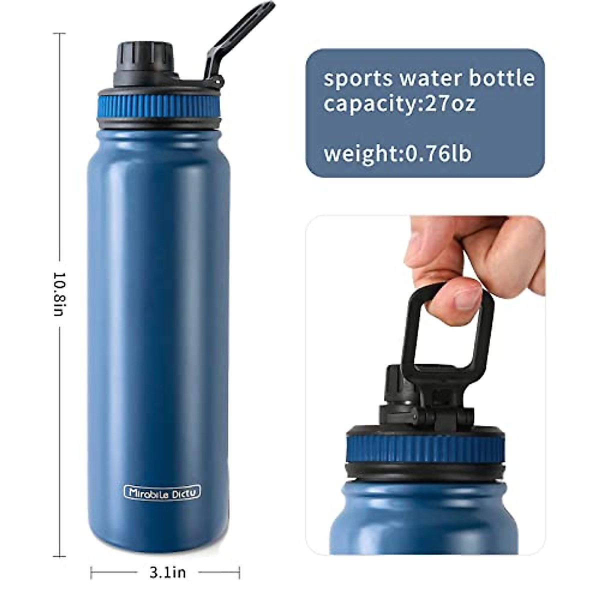 mirabile dictu Vacuum-Insulated Stainless-Steel Water Bottle 27oz - Cold and Hot Drinks Sport Water Bottle with a Handle and a Leakproof Spout Screw Lid, Sweat-Proof Modern Flask with Wide Mouth