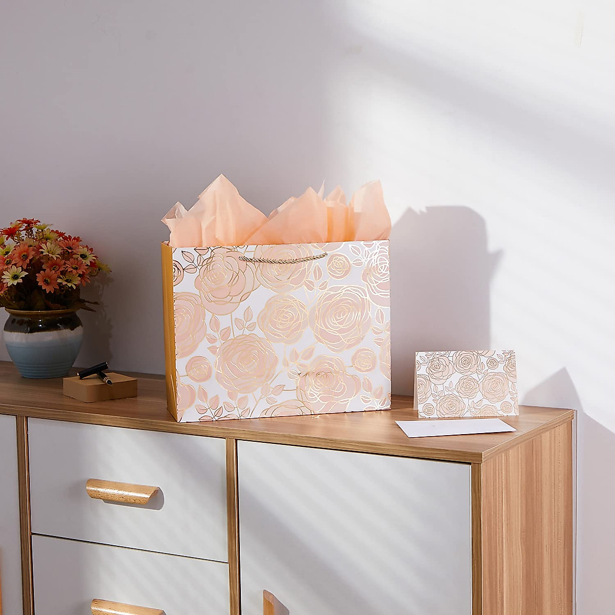 SUNCOLOR 13" Rose Gold Large Gift Bag with Card and Tissue Paper