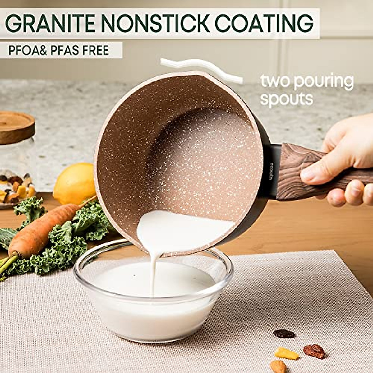 Ecowin 3 Quart Saucepan with Lid, Non Stick Small Sauce Pot with Pour Spout, Nonstick Granite Coating Small Pot with Bakelite Handle, Induction Compatible, Dishwasher and Oven Safe, PFOA Free