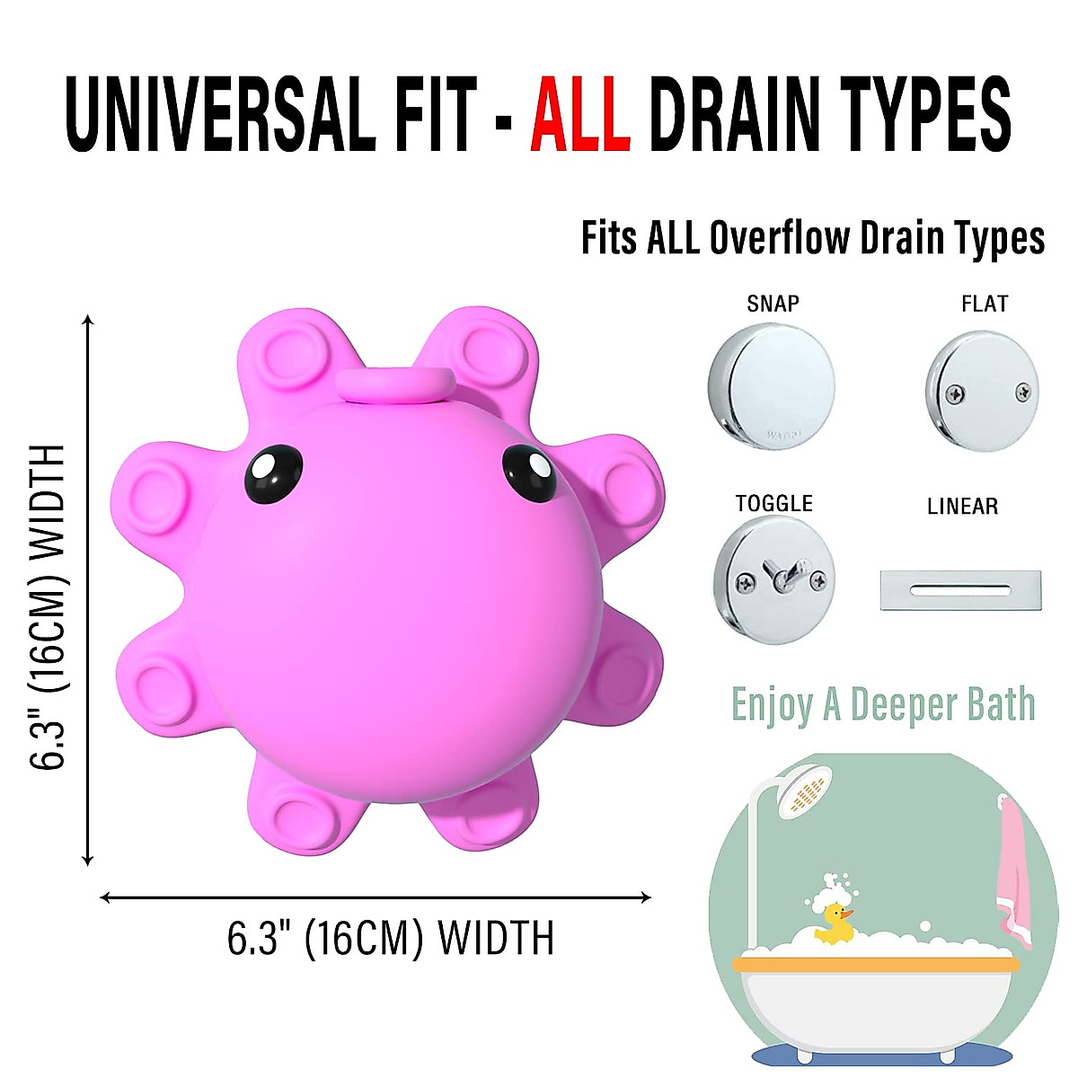 Bathtub Overflow Drain Cover Tub - tub Overflow Drain Cover, Soak Bath Overflow Drain Cover, Bathroom Spa Accessories, Adds Inches of Water for Deeper Bath (Silicone, Hot Pink)