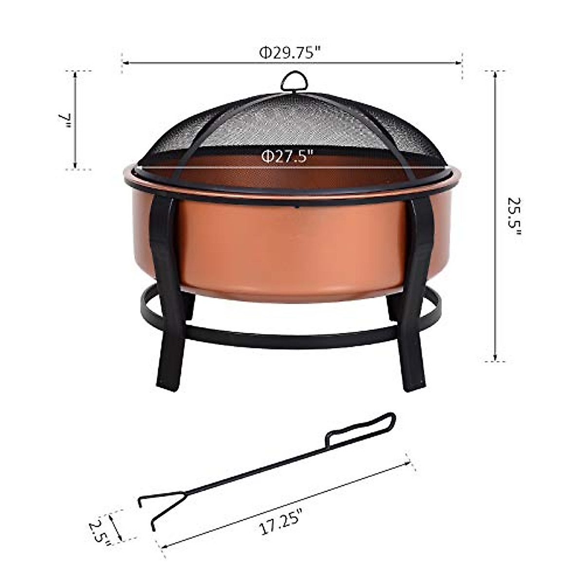 Outsunny 30 Inch Outdoor Fire Pits, Copper-Colored Round Basin Camping Fire Pit, Wood Burning Firepit Bowl with Ornate Black Base, Log Grate, Wood Poker, & Mesh Screen for Embers